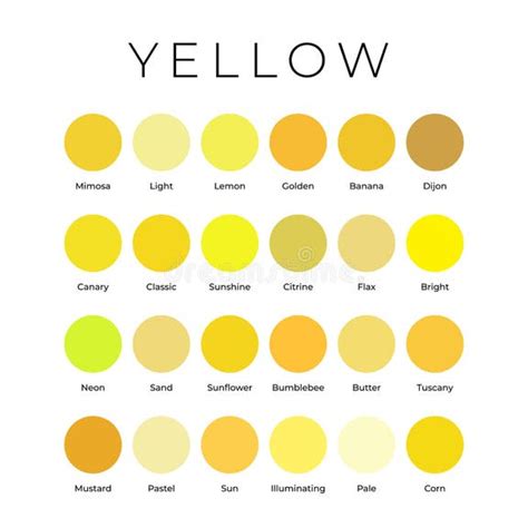 Yellow Color Shades Swatches Palette With Names Stock Vector