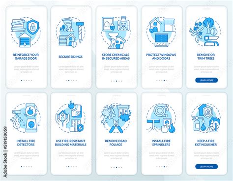 Disasters Precautionary Measures Blue Onboarding Mobile App Screen Set Walkthrough 5 Steps