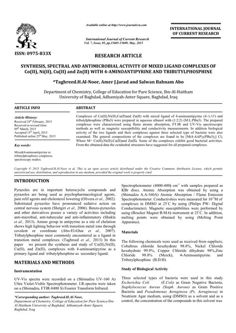 Pdf Synthesis Spectral And Antimicrobial Activity Of Mixed Ligand