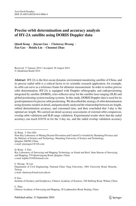 Pdf Precise Orbit Determination And Accuracy Analysis Of Hy 2a