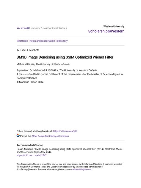 Bm3d Image Denoising Using Ssim Optimized Wiener Filter Pdf Thesis