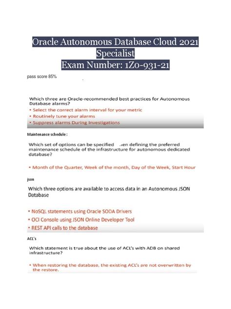 Oracle Autonomous Database Cloud 2021 Specialist Exam Number 1z0 931 21 Pdf