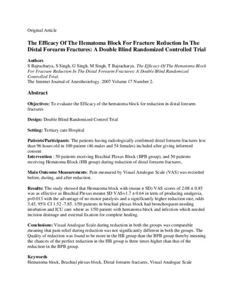 Pdf The Efficacy Of The Hematoma Block For Fracture Reduction In The Distal Forearm Fractures