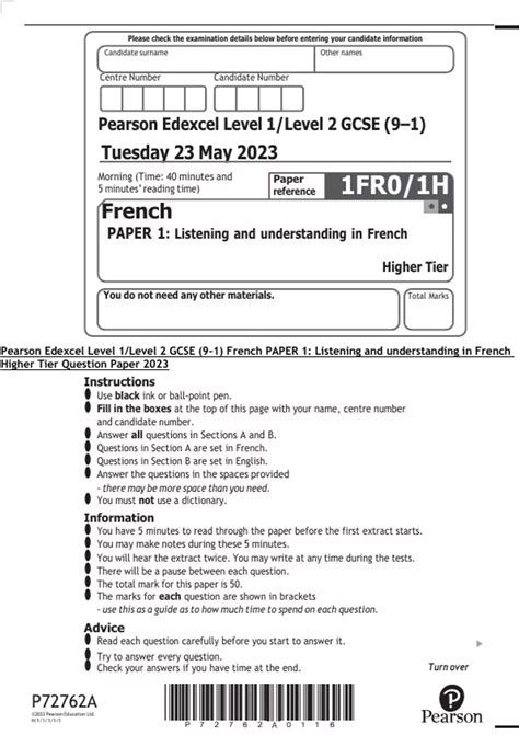 Pearson Edexcel Level 1/Level 2 GCSE (9–1) French PAPER 1: Listening ...
