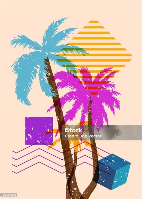 Risograph 야자수 기하학적 모양 트렌디한 Riso 그래프 인쇄 질감 스타일의 개체 Geometry 요소 와 군 0명에 대한 스톡 벡터 아트 및 기타 이미지 Istock