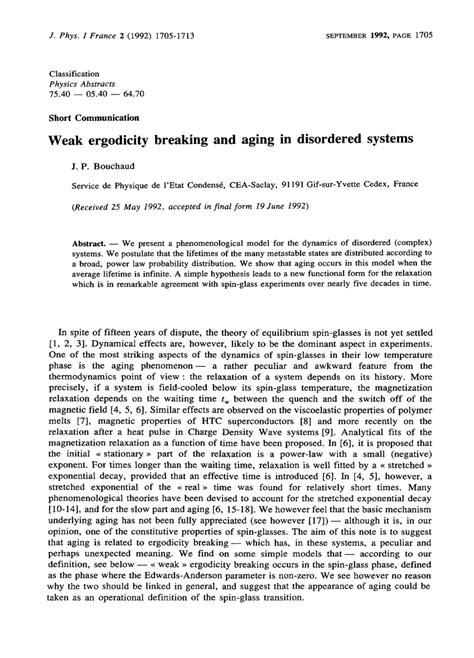 Pdf Weak Ergodicity Breaking And Aging In Disordered Systems