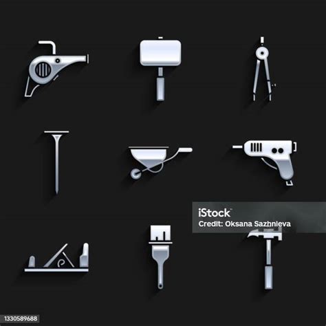 수레 페인트 브러시 발톱 망치 전기 뜨거운 접착제 총 나무 비행기 도구 금속 손톱 드로잉 나침반과 잎 정원 송풍기 아이콘을