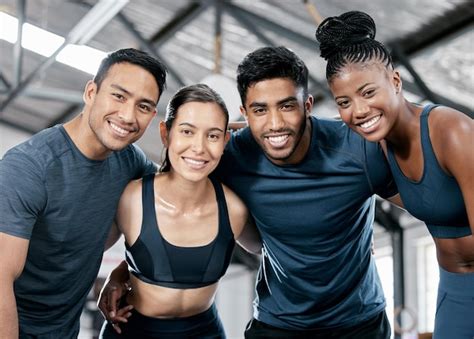 Premium Photo | Fitness happy and portrait of friends in gym for ...