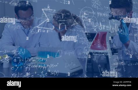 Animation Of Math Formulas Over Diverse Female And Male Lab Workers Animation Of Math Formulas Over Diverse Female And Male Lab Workers