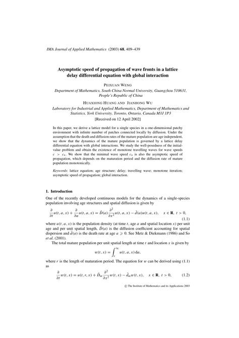 Pdf Asymptotic Speed Of Propagation Of Wave Fronts In A Lattice Delay