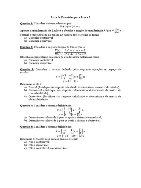 Lista De Exercícios Para Prova 2 Scaa 2024 Pdf Autovalores E