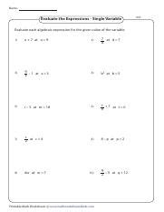 Algebra Evaluating Expressions Single Variable Easy Pdf Name Evaluate The Expressions