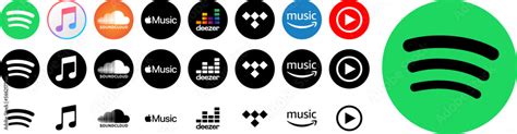 Spotify audio streaming and media services logo set. Apple music iTunes, SoundCloud, Deezer ...