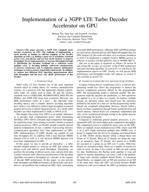 Pdf Implementation Of A 3gpp Lte Turbo Decoder Accelerator On Gpu