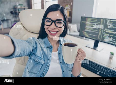 Self Portrait Of Attractive Cheerful Skilled Girl Geek Tech Support