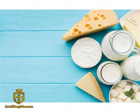 عکس لبنیاتی با موضوع محصولات لبنی و میز آبی رنگ
