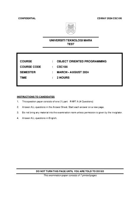 Csc186 Test Mac Aug 2024 Universiti Teknologi Mara Test Course Object Oriented Programming