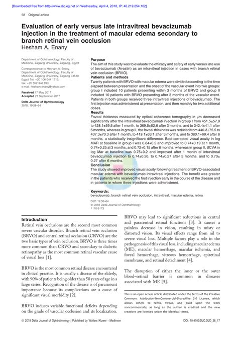 Pdf Evaluation Of Early Versus Late Intravitreal Bevacizumab Injection In The Treatment Of