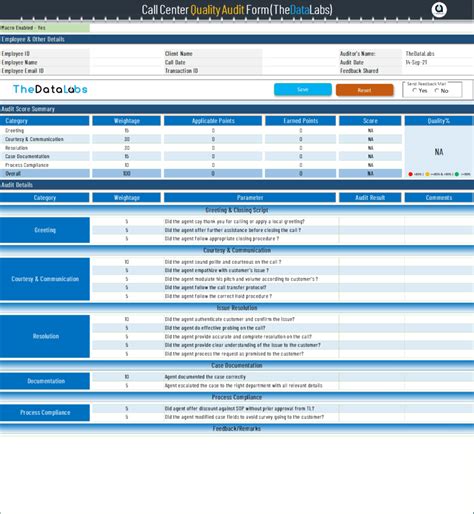 Call Center Audit Form In Vba And Excel Thedatalabs