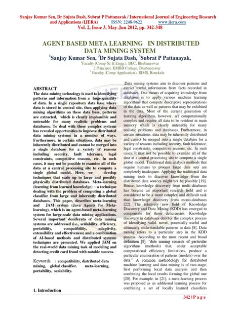 Agent Based Meta Learning In Distributed Pdf Machine Learning Data Mining