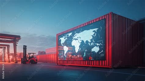 Digital Screen On A Red Cargo Container Displaying A Global Map And