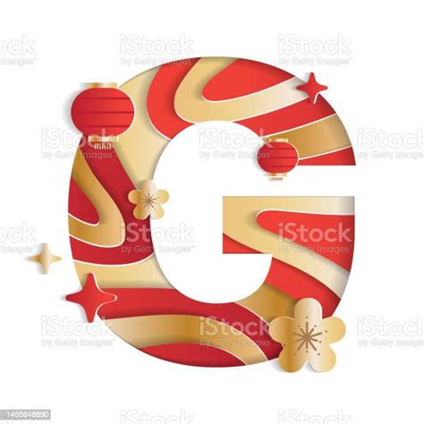 문자 G 알파벳 글꼴 중국 설날 개념 문자 글꼴 편지 추상 종이 꽃 랜턴 음력 축제 요소 스파클 그라데이션 레드 골드 3d 종이 레이어 컷아웃 카드 벡터 일러스트 레이 션