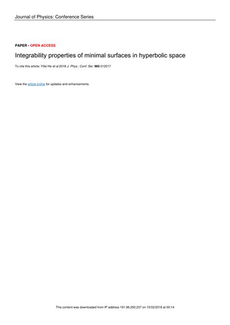 Pdf Integrability Properties Of Minimal Surfaces In Hyperbolic Space