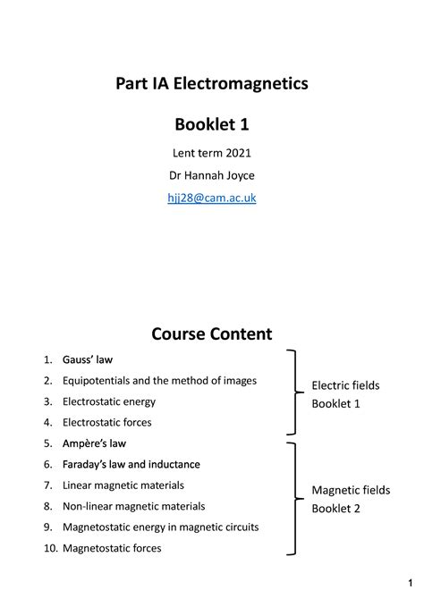 Electromagnetics Booklet 1 Part Ia Electromagnetics Booklet 1 Lent Term 2021 Dr Hannah Joyce