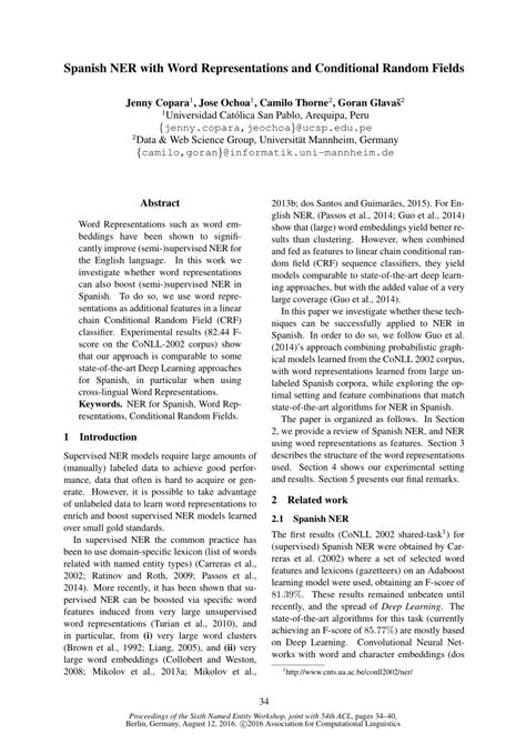 Pdf Spanish Ner With Word Representations And Conditional Random Fields