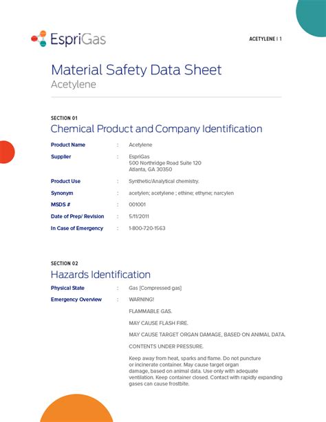 Acetylene Gas Safety Data Sheet Esprigas