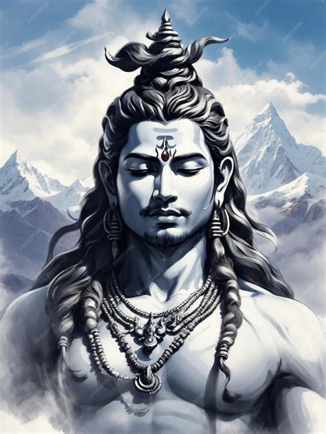 Premium AI Image | A majestic Lord Shiva stands tall on the snowy peaks of the Himalayas his ...