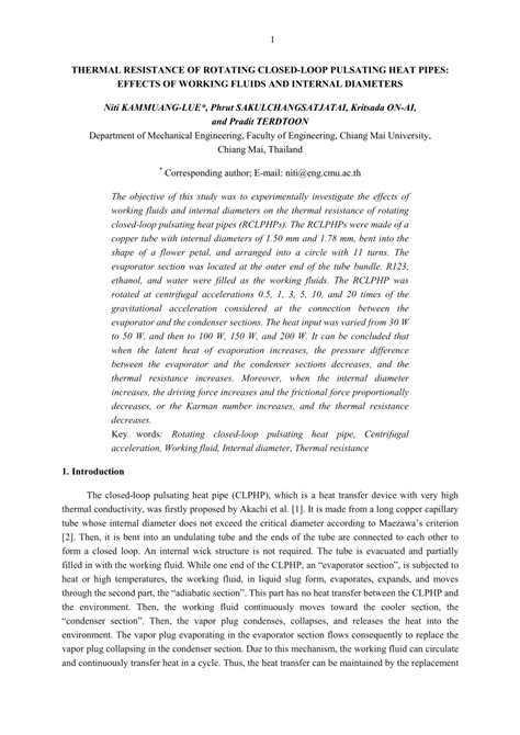 Pdf Thermal Resistance Of Rotating Closed Loop Pulsating Heat Pipes Effects Of Working Fluids