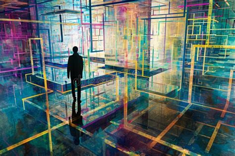 A Man Stands In A Room Filled With Vibrant Intersecting Lines Of