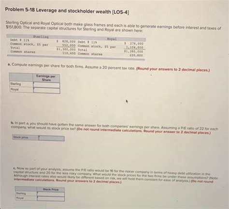 solved problem 5 18 leverage and stockholder wealth [lo5 4]