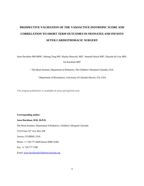 Pdf Prospective Validation Of The Vasoactive Inotropic Score And Correlation To Short Term