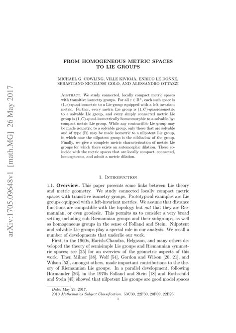 Pdf From Homogeneous Metric Spaces To Lie Groups