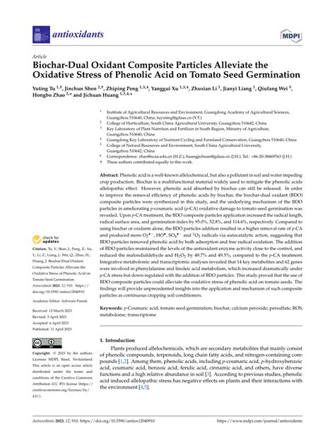 Pdf Biochar Dual Oxidant Composite Particles Alleviate The Oxidative Stress Of Phenolic Acid