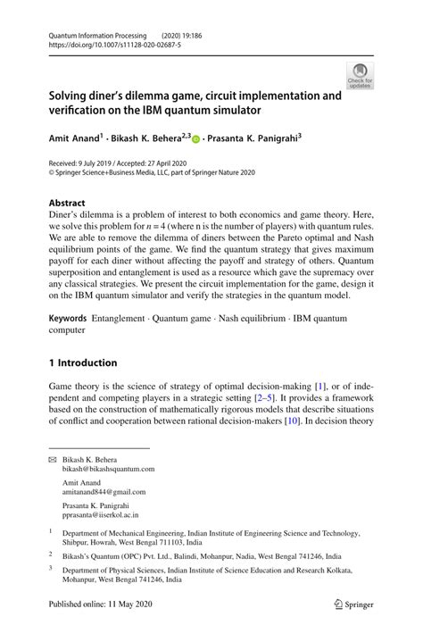 Pdf Solving Diners Dilemma Game Circuit Implementation And