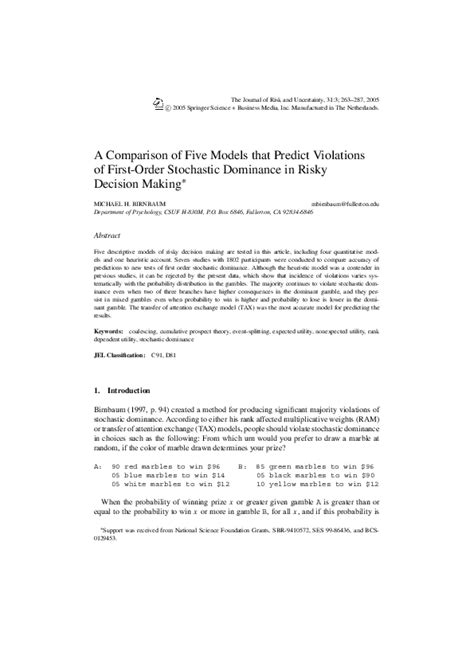 Pdf A Comparison Of Five Models That Predict Violations Of First Order Stochastic Dominance In