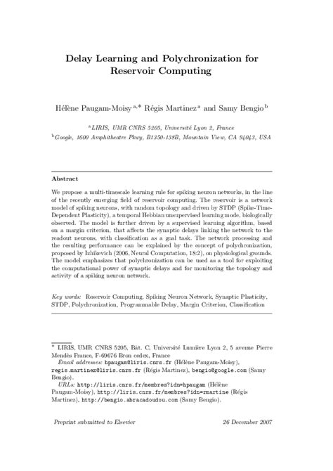 Pdf Delay Learning And Polychronization For Reservoir Computing