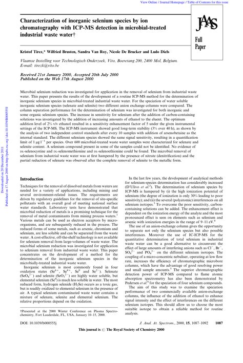 Pdf Characterization Of Inorganic Selenium Species By Ion Chromatography With Icp Ms Detection