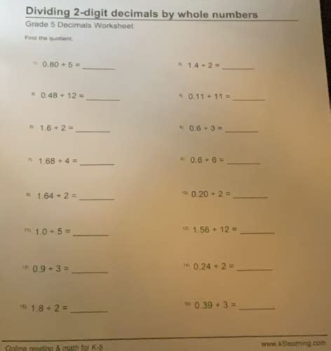 solved dividing 2 digit decimals by whole numbers grade 5 decimals
