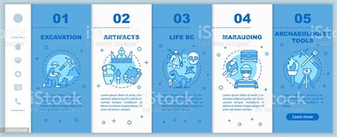 고고학 온보딩 모바일 웹 페이지 벡터 템플릿 역사 연구 선형 일러스트와 응답 스마트 폰 웹 사이트 인터페이스 아이디어 웹 페이지 연습 단계 화면입니다 색상 컨셉 5에 대한