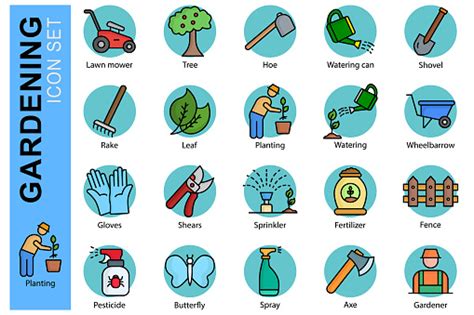 정원 가꾸기 아이콘 세트입니다 색상이 지정된 윤곽선 아이콘 스타일입니다 정원과 관련된 아이콘입니다 심기 물주기 나무 심기 등 원예 요소 벡터 일러스트 레이 션 가지치기