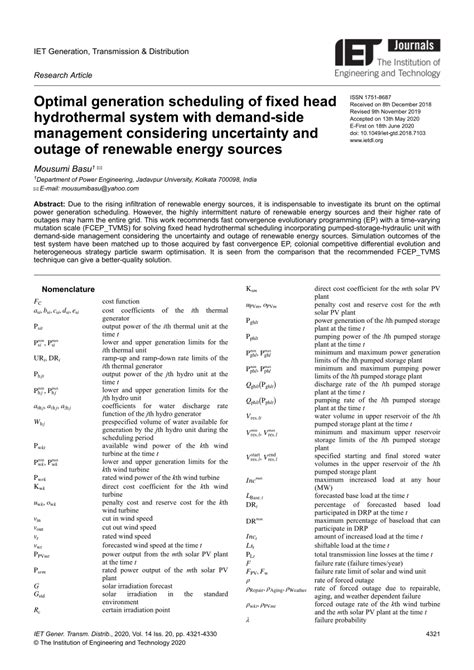 Pdf Optimal Generation Scheduling Of Fixed Head Hydrothermal System With Demand Side