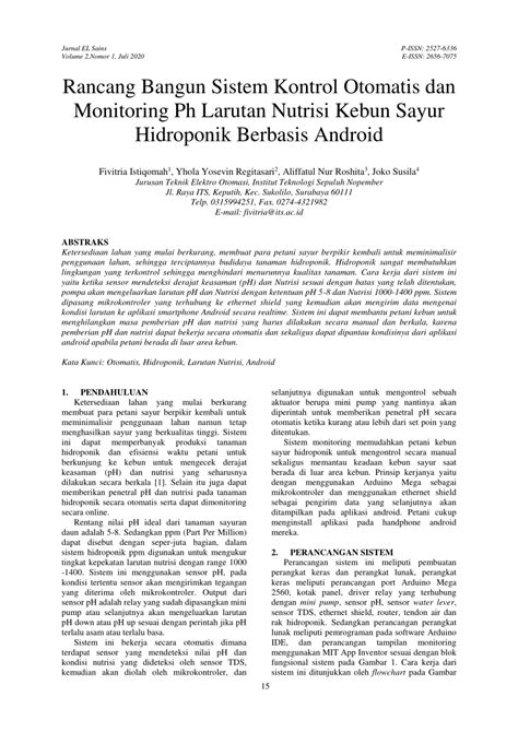 Pdf Rancang Bangun Sistem Kontrol Otomatis Dan Monitoring Ph Larutan Nutrisi Kebun Sayur