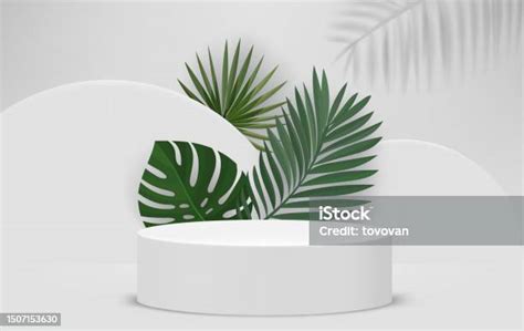 연단과 녹색 나뭇잎이 있는 밝은 인테리어 친환경 제품 진열장 템플릿입니다 3d 벡터 배경 강단에 대한 스톡 벡터 아트 및 기타 이미지 Istock