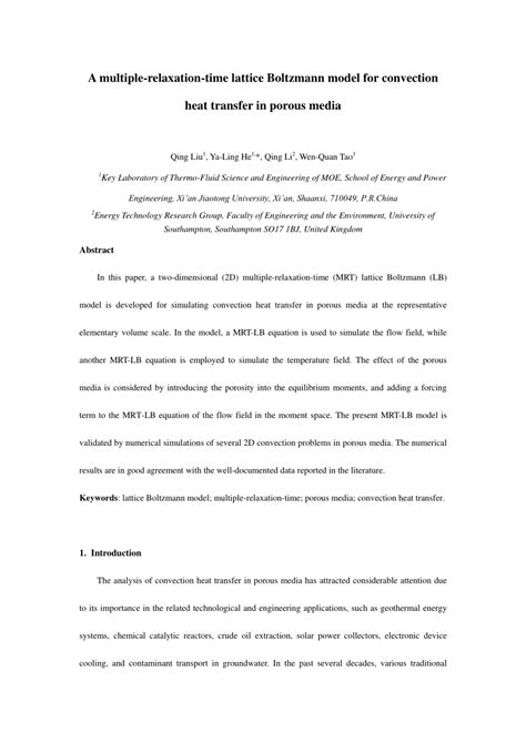 Pdf A Lattice Boltzmann Model For Convection Heat Transfer In Porous Media