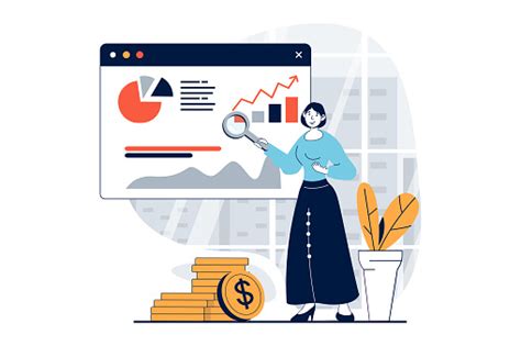 웹을 위한 플랫 디자인에서 사람들 장면이 있는 데이터 과학 개념입니다 그래프를 가지고 일하는 여자 프레젠테이션 보고서에 대한