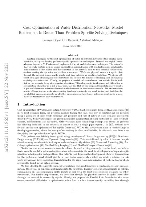 pdf cost optimization of water distribution networks model